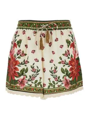 FARM RIO Farm Rio Wonder Linen-Blend Floral Print Drawstring Elastic Waist Shorts With Scallop Hem
