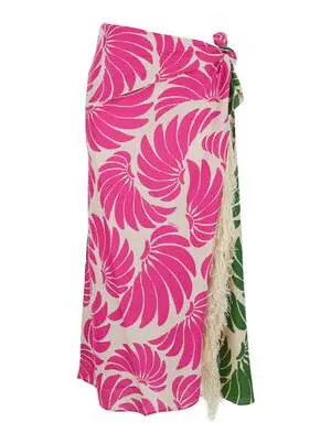 Farm Rio Floral Knot Midi Skirt With Side Knot Closure In Linen Blend - Multicolor