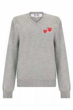 Play Comme Des Garcon Light Gray V-neck Sweater With Red Heart Logo