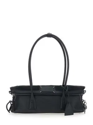 MAISON MARGIELA Four Stitches Leather Shoulder Handbag With Logo Patch, Two Handles, Top Zip Closure - Black