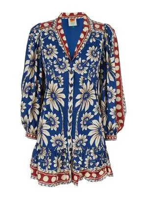 Farm Rio V-neck Floral Viscose Midi Dress With Balloon Sleeves And Front Button Closure - Blu