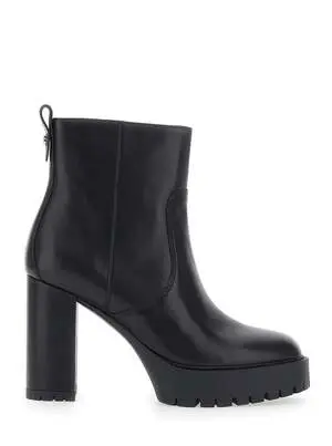 Pinko Clara Leather Ankle Boots With High Heel, Serrated Sole & Slip-on Zip Closure - Black
