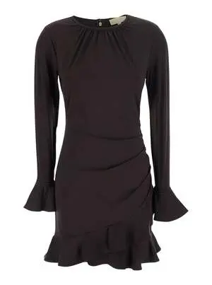 Michael Kors Rouched Ruffle Hem Short Sleeve Dress - Brown
