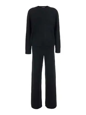 Soft Goat Cashmere Set For With V-neck Sweater And Elastic Waist Pants - Black