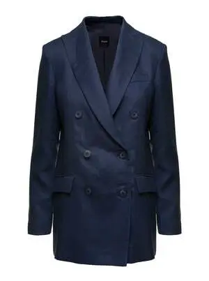 LEPLAIN Linen Double-breasted Blazer With Notched Revers - Blu