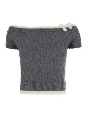 SHUSHU/TONG Bow Off-shoulder Merino Wool & Tencel Puff Sleeve Knit Crop Top - Grey