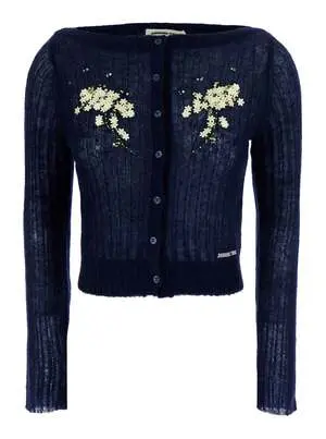 SHUSHU/TONG Floral Beaded V-neck Button Cardigan With Mohair & Wool Blend - Blu