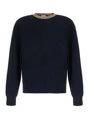 Burberry Wool Crew Neck Sweater With Check Motif At The Neck - Blu