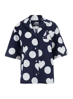 Jacquemus Jacquard Polka Dot Bowling Shirt With Cuban Collar And Sailboat Badge - Blu