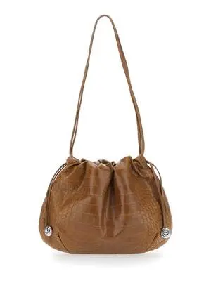 LIFFNER Calf Leather Clutch With Charm Detail And Drawstring Closure, Two Top Handles, 25x25x13 Cm - Brown