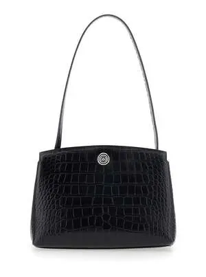 LIFFNER Croc Embossed Leather Mini Clutch Handbag With Top Zip And Detachable Handle - Black