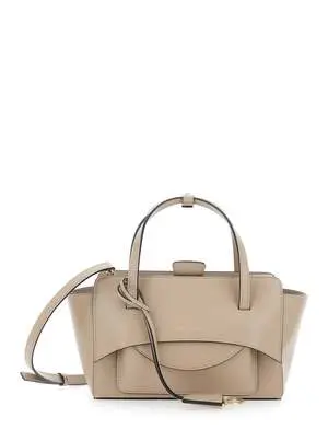 HIDESINS Mini Leather Handbag With Front Logo Lettering, Flap Pocket & Adjustable Strap - Beige