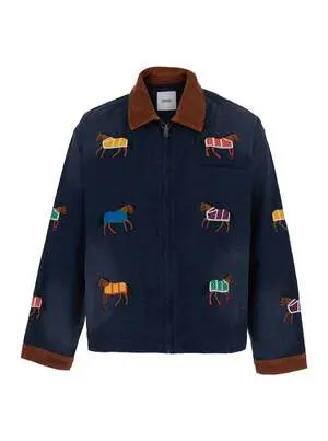 FOUND Lariat Horse Embroidered Work Jacket With Classic Collar And Side Pockets - Blu