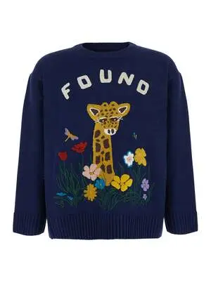 FOUND Wildlife Knit Sweater With Round Neck And Long Sleeves - Blu