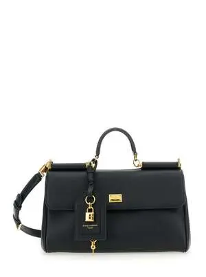 DOLCE E GABBANA Leather Medium Handbag With Lock Detail, Removable Shoulder Strap, 30x20x13 Cm - Black