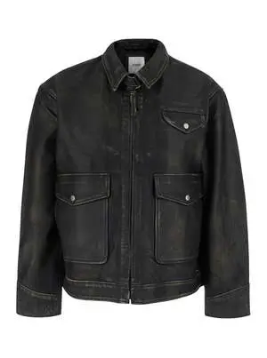 FOUND Foundry Leather Jacket With Classic Collar, Halfbelt & Zip Front - Black