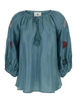 BENARAS BY CITRUS Short Silk Caftan With Adjustable Neck Knot And Marine Embroidery