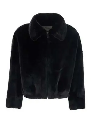VALENTINI 1972 Short Shearling Jacket With Classic Collar And Front Zip In Ecofur - Black