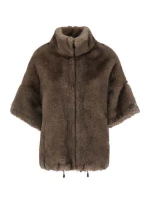 VALENTINI 1972 Short Shearling Jacket With High Collar & Drawstring Waist - Brown