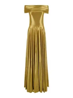 Norma Kamali Long Sleeveless Boat Neck Dress With Pleated Tech Fabric Skirt - Metallic