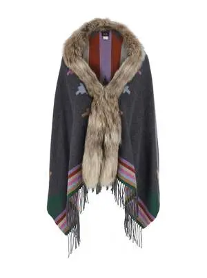 BAZAR DELUXE Navajo-print Wool Blend Scarf With Faux Fur Fringe - Grey
