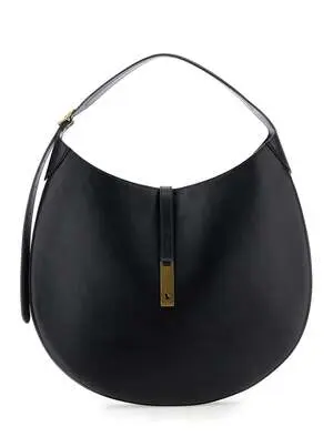 Polo Ralph Lauren Smooth Leather Shoulder Handbag With Logo Detail, Adjustable Top Handle, Antique Gold Hardware 42.5 X 40 X 4.4 Cm - Black