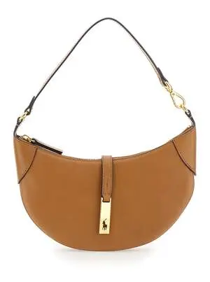 Polo Ralph Lauren Small Leather Shoulder Handbag With External Zip Pocket And Logo Detail, 25 Cm X 20 Cm X 10 Cm - Brown
