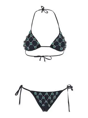 VENUJA Gem-embroidered Triangle Bikini With Adjustable Drawstring Back And Brazilian Bottoms - Black