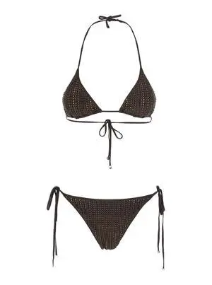 VENUJA Sequin Triangle Bikini With Adjustable Tie Closure In Tech Fabric - Brown
