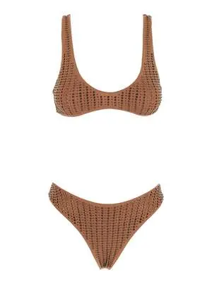 VENUJA V-neck Stud-trim Tech Fabric Bikini With High-cut Brazilian Briefs - Brown