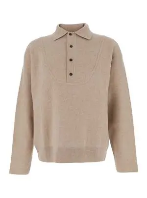 Jacquemus Wool Polo-collar Sweater With Ribbed Details - Beige