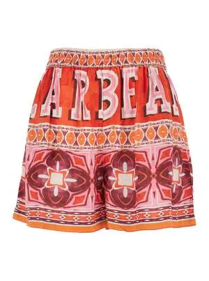 Miss June Print Elastic Waist Mini Shorts With Side Pockets - Red