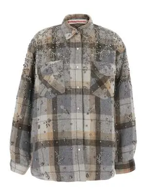 SPACE COWBOY Metallic Embroidered Rhinestone Flannel Shirt For