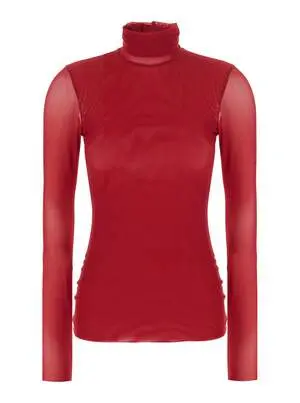 LEPLAIN High-neck Long Sleeve Top In Tech Fabric With Mesh Sleeves - Red