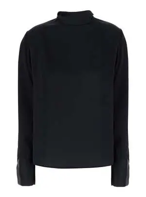 LEPLAIN High Neck Satin Blouse With Back Bow Detail And Long Sleeves