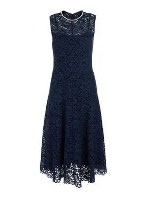 LEPLAIN Long Sleeve Round Neck Lace Detail Cotton Blend Flared Hem Dress - Blu