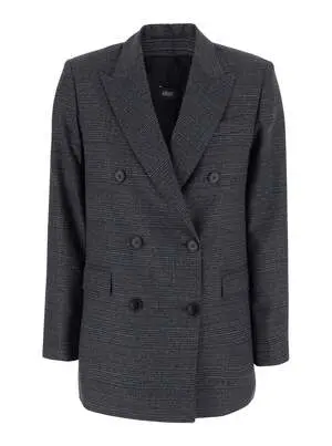 LEPLAIN Double-breasted Wool-blend Blazer Jacket With Peak Revers And All-over Check Motif - Grey