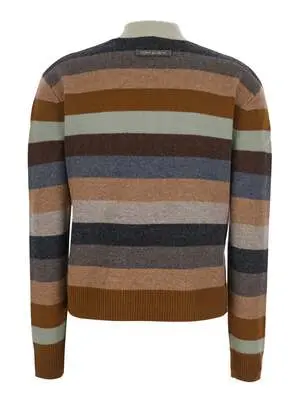 Tory Burch Wool High-neck Striped Sweater With Back Logo Patch - Multicolor
