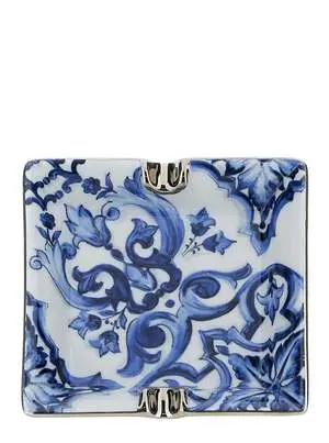 DOLCE & GABBANA CASA Mediterranean Motif Mini Porcelain Ashtray With Gold Brush Strokes, 10x10 Cm - Blu