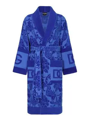 DOLCE & GABBANA CASA Embossed Logo Cotton Terry Bathrobe With Belt And Side Pockets - Blu
