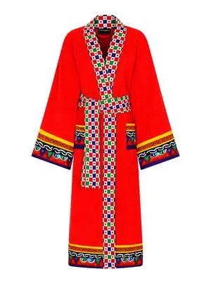 DOLCE & GABBANA CASA Cotton Bathrobe With Cart Print Trim And Matching Belt - Red