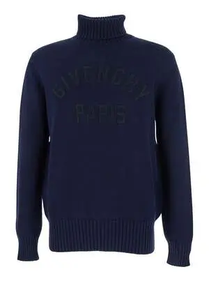 Givenchy Wool Ribbed Turtleneck Sweater With Front Logo Lettering - Blu