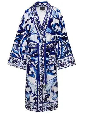 DOLCE & GABBANA CASA Dolce & Gabbana Casa All-Over Mediterranean Print Cotton Wrap Bathrobe With V-Neck & Patch Pockets Multicolor
