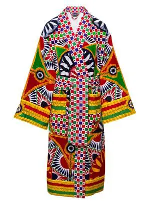 DOLCE & GABBANA CASA Sicilian Cart Print Cotton Kimono Bathrobe With V-neck And Waist Belt - Multicolor