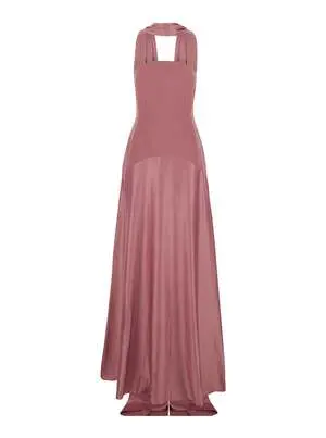 Solace London Off-shoulder Long Dress With Removable Scarf And Internal Boned Bodice In Tech Fabric - Pink