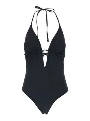 Tory Burch Tech Fabric One-piece Swimsuit With Front Logo Plate And Knot Closure - Black