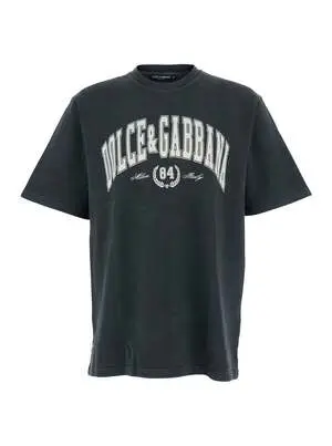 DOLCE E GABBANA Crewneck T-shirt With Front Logo Lettering Print - Grey