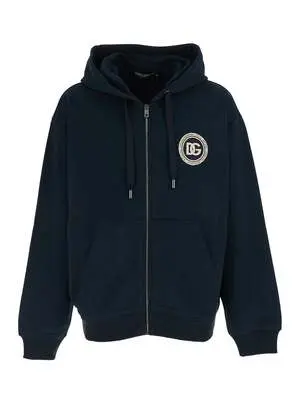 DOLCE E GABBANA Cotton Zip-up Hooded Sweatshirt With Front Logo Patch - Blu