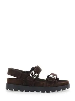 Tory Burch Suede Sandals With Adjustable Straps And Logo Plates - Brown