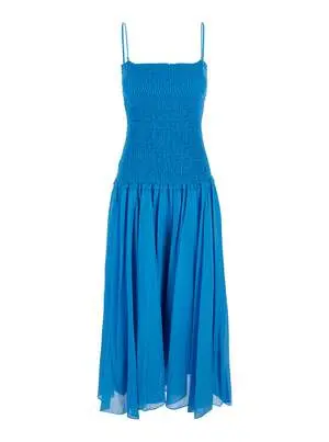 Tory Burch Pleated Long Dress With Square Neck And Thin Straps - Blu